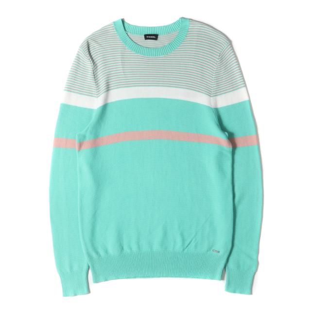 DIESEL ディーゼル ニット ペールグリーン サイズ:M | パネルボーダー ジャガード コットン ニット | トップス セーター プルオーバー【メンズ】【中古】【K4568】