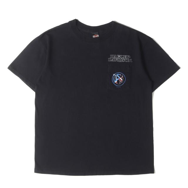 HARLEY-DAVIDSON ハーレーダビッドソン Tシャツ ブラック 黒 サイズ:XL | 90s USA エンブレム ポケット Tシャツ | USA製 HOLOUBEK | トップス カットソー 半袖 | 90年代 ヴィンテージ 古着【メンズ】【中古】【K4568】