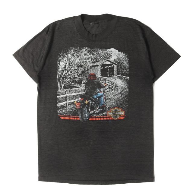 HARLEY-DAVIDSON ハーレーダビッドソン Tシャツ サイズ:L/XL程度 / 80s 3D EMBLEM バイカー イーグル 両面プリント Tシャツ / USA製 / 3Dエンブレム / ブラック 黒 / 80年代 ヴィンテージ 古着 / トップス カットソー 半袖【メンズ】【中古】【K4487】