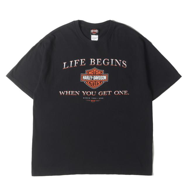 HARLEY-DAVIDSON ハーレーダビッドソン Tシャツ ブラック 黒 サイズ:XL | 00s シールド エンブレム メッセージ Tシャツ | USA製 Hanes | 00年代 | トップス カットソー 半袖【メンズ】【中古】【K4568】