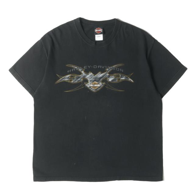 HARLEY-DAVIDSON ハーレーダビッドソン Tシャツ ブラック 黒 サイズ:L | 00s メタル トライバル エンブレム Tシャツ | USA製 Hanes | 00年代 古着 | トップス カットソー 半袖【メンズ】【中古】【K4568】