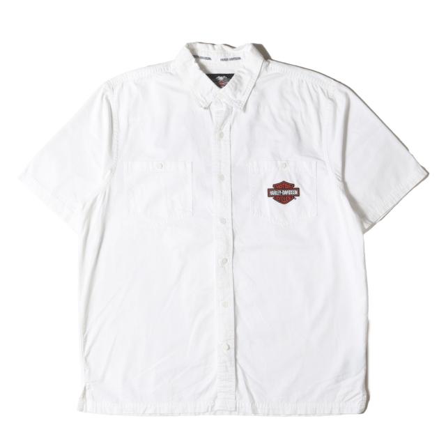 HARLEY-DAVIDSON ハーレーダビッドソン シャツ ホワイト 白 サイズ:L程度 | 00s フレイム エンブレム コットン 半袖 ボタンシャツ | 00年代 古着 | トップス カジュアルシャツ 【メンズ】【中古】【K4568】