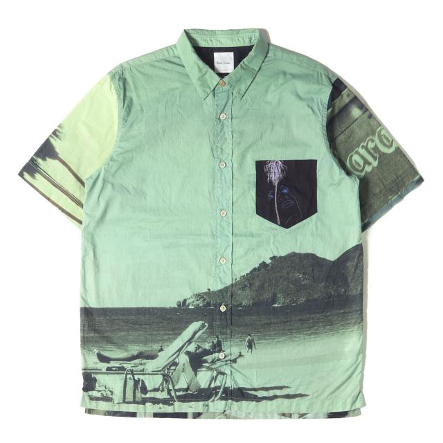 Paul Smith ポールスミス シャツ グリーン サイズ:L | ビーチ フォトプリント コットン 半袖シャツ | トップス カジュアルシャツ【メンズ】【中古】【美品】【K4569】