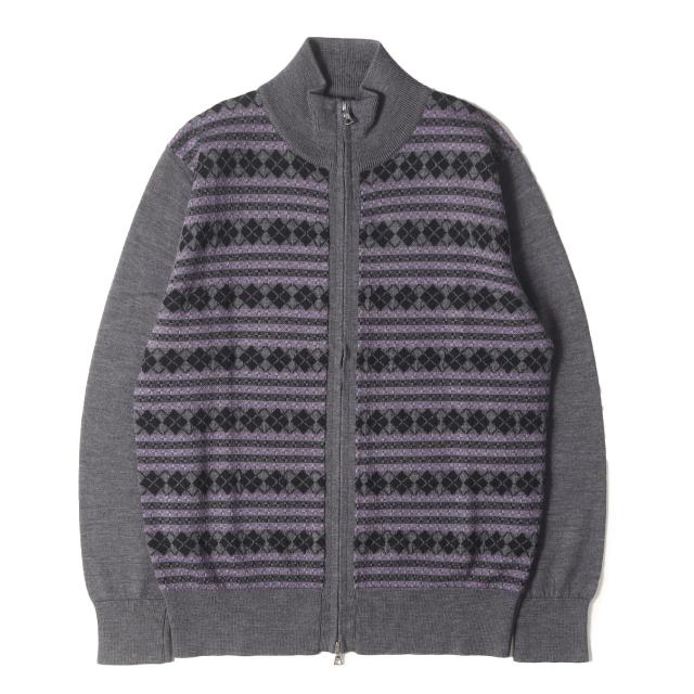 Paul Smith ポールスミス ニット ヘザーグレー パープル サイズ:M | アーガイル ボーダー ジャガード ダブルジップ ハイゲージ ウール ドライバーズ ニット (293405 601F) / PS | トップス セーター 【メンズ】【中古】【K4571】