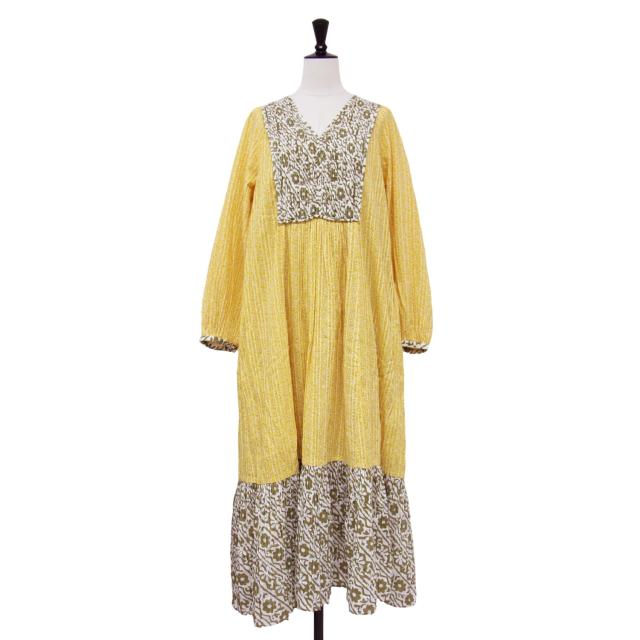 Sara mallika サラ マリカ ワンピース イエロー サイズ:FREE | ダブルフラワープリント ワンピース / ドレス | 長袖 Vネック マキシ丈 ラメ プリーツ フレア コットン | トップス【レディース】【中古】【K4571】