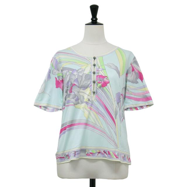 LEONARD レオナール カットソー サイズ:LL | フラワープリント 半袖 カットソー / Tシャツ | クルーネック Aライン メタルボタン 総柄 コットン | ブルー系 ピンク系 | トップス | 日本製【レディース】【中古】【K4571】