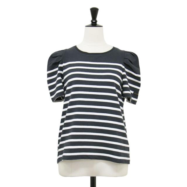 CELFORD セルフォード Leminor 別注 カットソー グレー ホワイト サイズ:38(M) | 24秋冬 パフスリーブ ボーダー カットソー | プルオーバー 半袖 クルーネック コットン | トップス Tシャツ【レディース】【中古】【K4572】