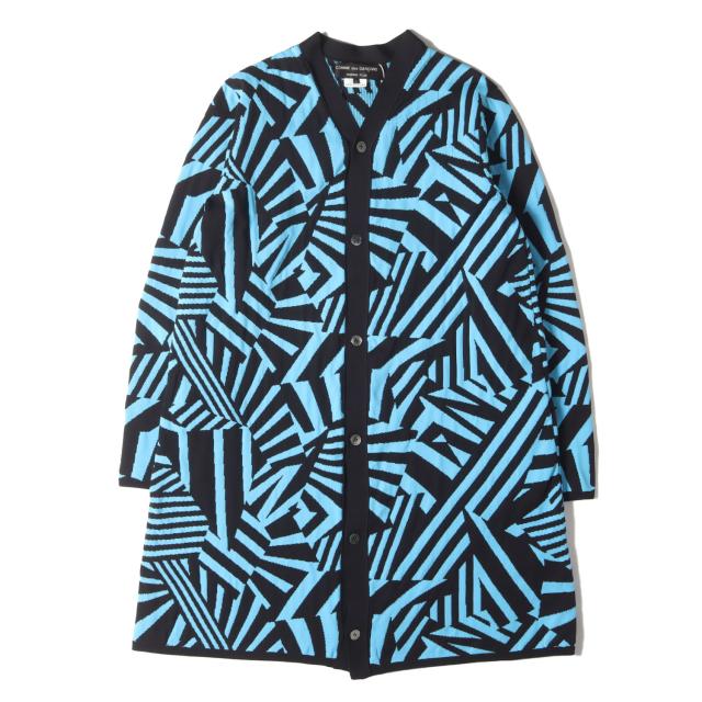 COMME des GARCONS HOMME PLUS コムデギャルソン オムプリュス カーディガン 黒 青 ブラック ブルー サイズ:L | ジオメトリック ジャガード ポリ ニット ロング カーディガン PK-N013 | トップス 日本製 【メンズ】【中古】【新品同様】【K4575】