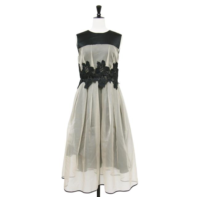 STRAWBERRY-FIELDS ストロベリーフィールズ ワンピース ブラック ベージュ | 25春夏 グラッセ レース フレア ノースリーブ ドレス ワンピース 膝丈 刺繍 シアー バイカラー オーガンジー サテン サイズ表記なし(約2相当) | ロング 結婚式【レディース】【中古】【K4576】