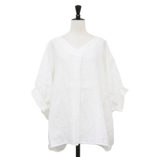 URBAN RESEARCH DOORS アーバンリサーチドアーズ ブラウス ホワイト 白 サイズ:M | 25春夏 リネン ギャザースリーブ Vネック ブラウス / シャツ | プルオーバー 半袖 ワイド ドルマンスリーブ | トップス【レディース】【中古】【美品】【K4575】