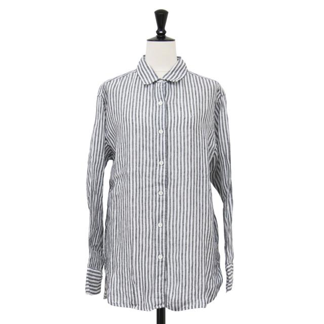 23区 ニジュウサンク シャツ ブラック ホワイト 黒白 サイズ:38(M) | 22春夏 ストライプ ベーシックシャツ | LIBECO | オーバーサイズ リネン | トップス ブラウス 長袖【レディース】【中古】【K4577】