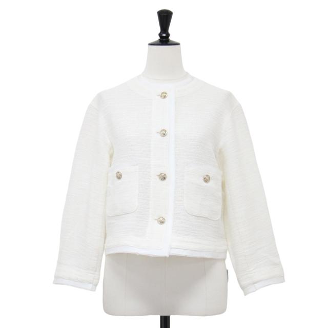 23区 ニジュウサンク ジャケット アイボリー系 サイズ:32(XS) | 25春夏 サマーツイード ジャケット / ボレロ | 長袖 クルーネック メタルボタン コンパクト コットン | アウター ブルゾン 上着【レディース】【中古】【K4578】