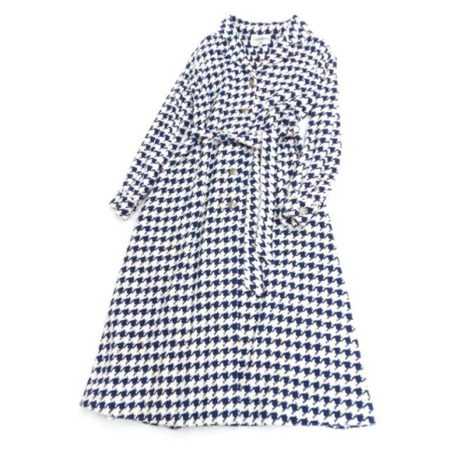 CHANEL 千鳥格子柄 ﾛﾝｸﾞｺｰﾄ ﾂｲｰﾄﾞ ｺｺﾏｰｸ P70227 ﾈｲﾋﾞｰ×白 【中古】(60214)