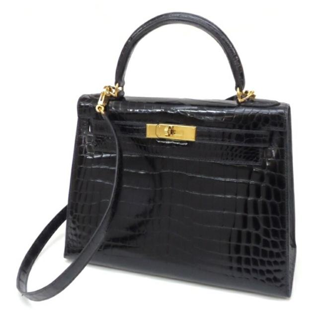 エルメス HERMES ハンドバッグ ケリー28 外縫い G金具 □G刻印 黒 クロコダイル アリゲーター 【中古】(61298)