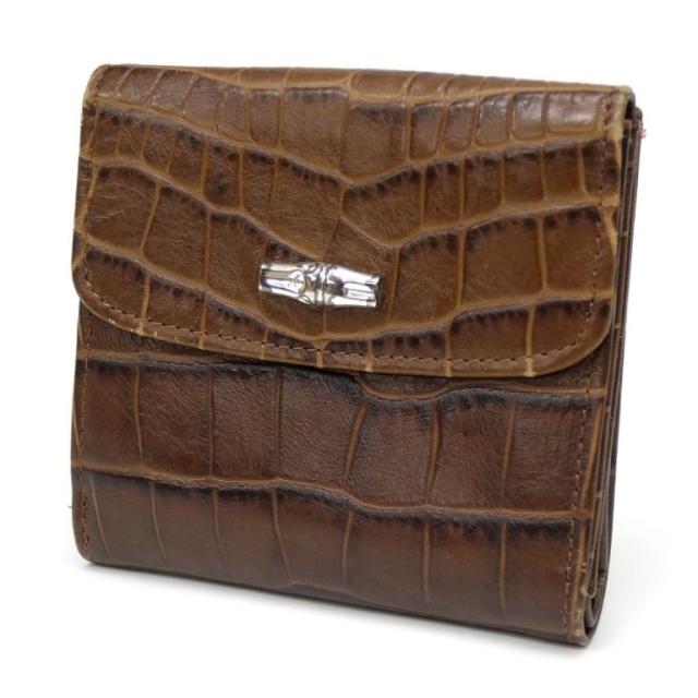 LONGCHAMP 二つ折り財布 ﾛｿﾞ 型押し ﾌﾞﾗｳﾝ ﾚｻﾞｰ 【中古】(63507)