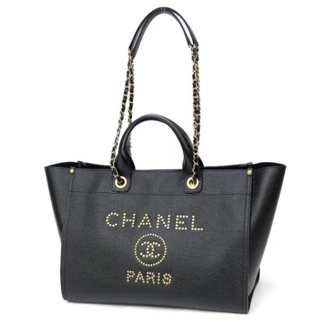 シャネル CHANEL ドーヴィル ロゴスタッズ トートバッグ 黒 【中古】(66698)