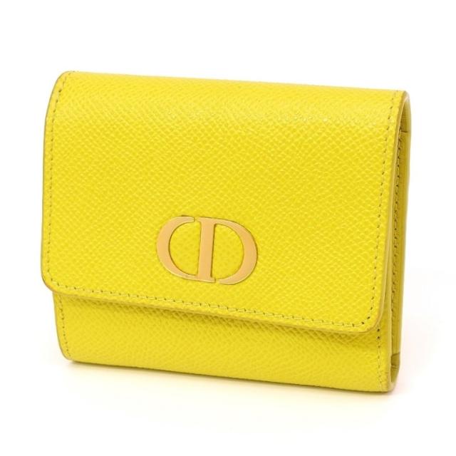 クリスチャン・ディオール Christian Dior 三つ折り財布 モンテーニュ コンパクトウォレット イエロー レザー 【中古】(66789)
