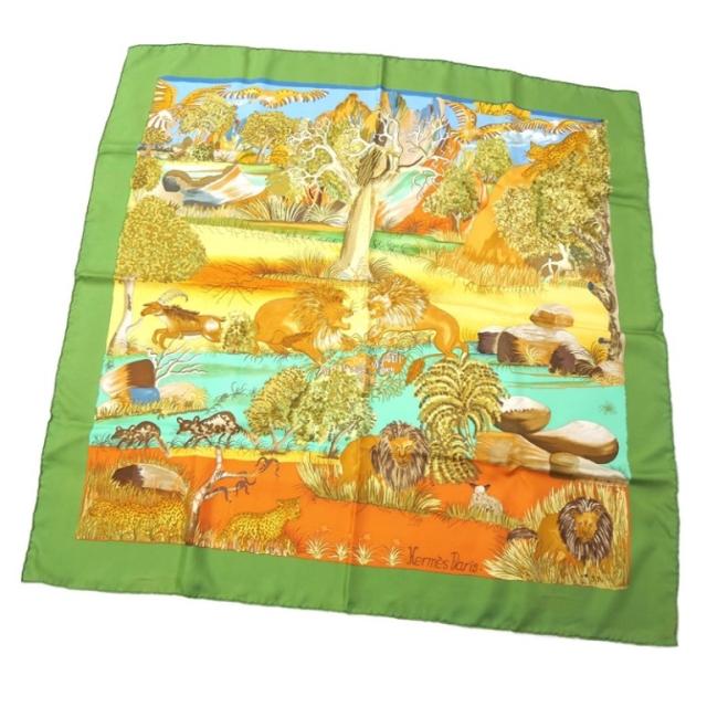 エルメス HERMES スカーフ カレ90 ヌバマウンテン Nuba Mountain グリーン シルク100％ 【中古】(67812)
