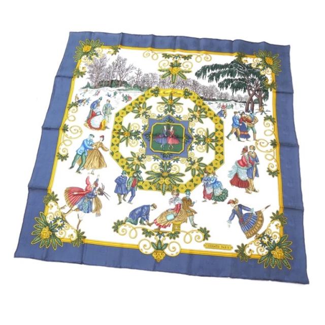 エルメス HERMES スカーフ カレ90 冬の愉しみ ネイビー シルク100％ 【中古】(67820)