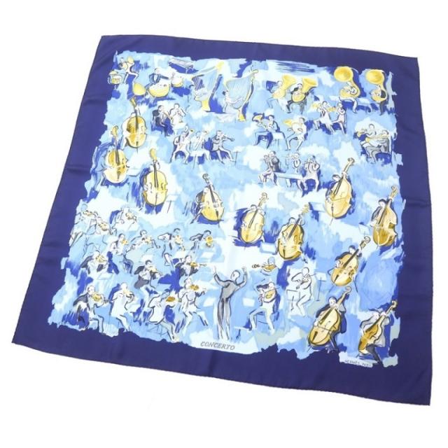 エルメス HERMES スカーフ カレ90 コンチェルト CONCERTO ネイビー シルク100％ 【中古】(67839)