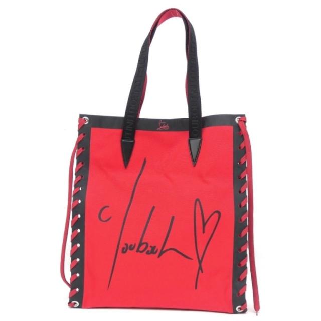 クリスチャン ルブタン Christian Louboutin カバラススモール シューレース トートバッグ 赤 キャンバス×レザー 【中古】(68157)