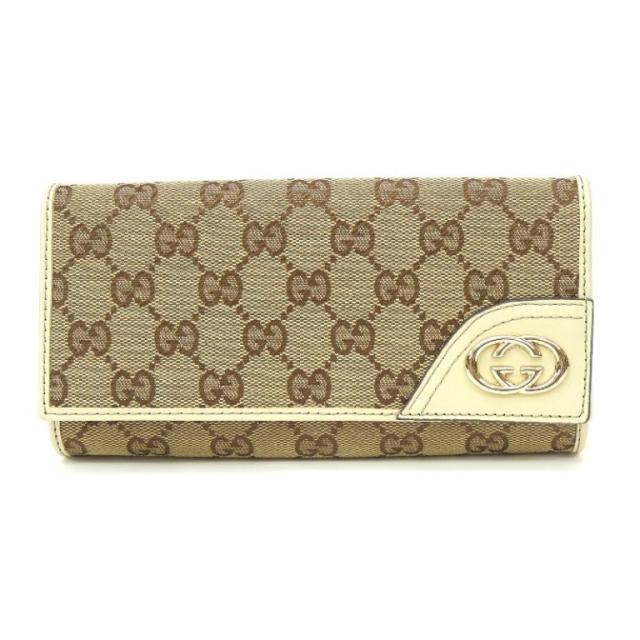 グッチ GUCCI 三つ折り長財布 GG ベージュ×白 キャンバス×レザー 【中古】(68745)