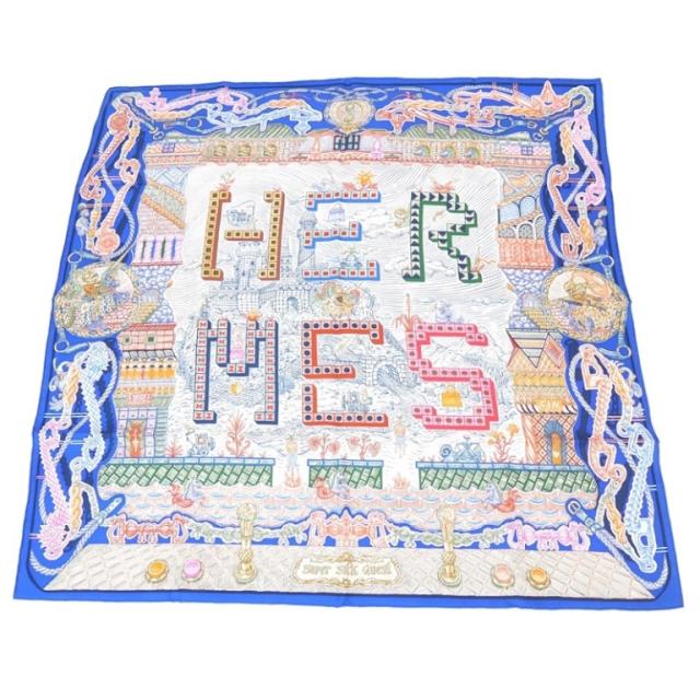 エルメス HERMES スカーフ カレ90 スーパー シルク クエスト ブルー シルク100％(68841)