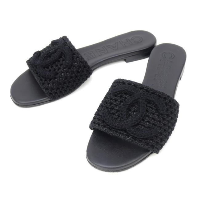 シャネル CHANEL ニット フラットサンダル ココマーク 黒 39C 【中古】(69146)
