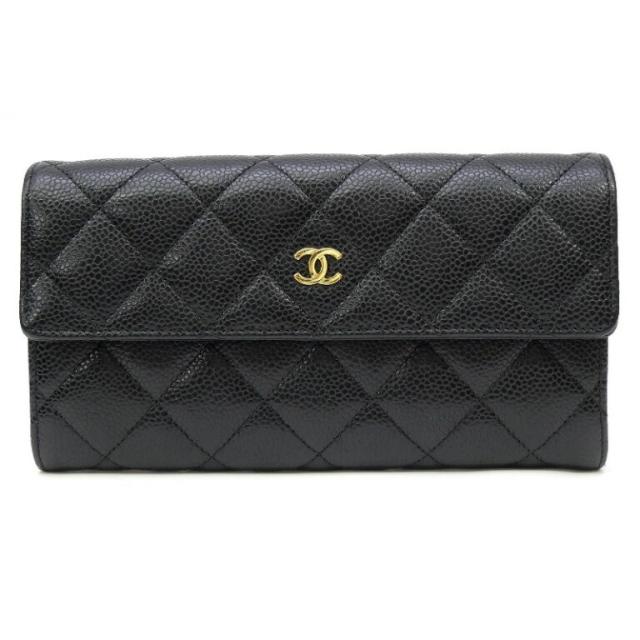 シャネル CHANEL 長財布 かぶせ長財布 マトラッセ 黒 キャビアスキン 【中古】(69575)