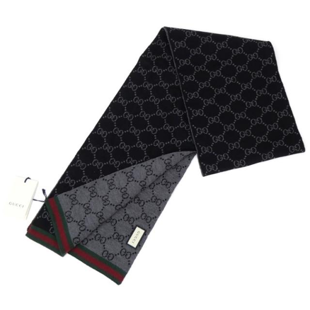グッチ GUCCI リバーシブルGGパターン マフラー 黒×グレー ウール(69626)