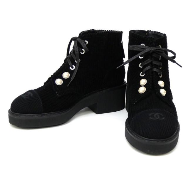 シャネル CHANEL コーデュロイ ショートブーツ フェイクパール G33823 黒 35.5 【中古】(69634)