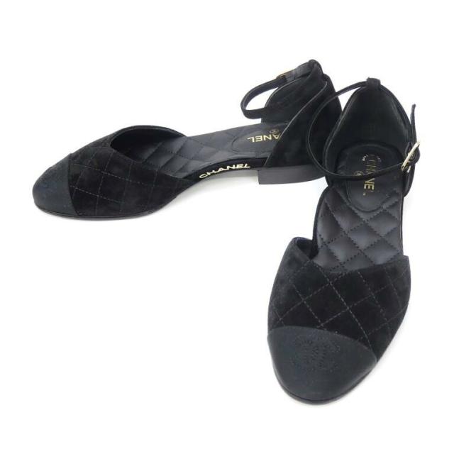 シャネル CHANEL マトラッセ フラットパンプス アンクルストラップ サイドカット 黒 スエード 35.5(69649)