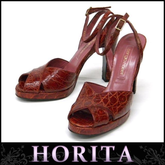 セルジオロッシ ｓｅｒｇｉｏ ｒｏｓｓｉ 靴 サンダル アンクルストラップ クロコダイル ブラウン ３５・１／２ (24484)