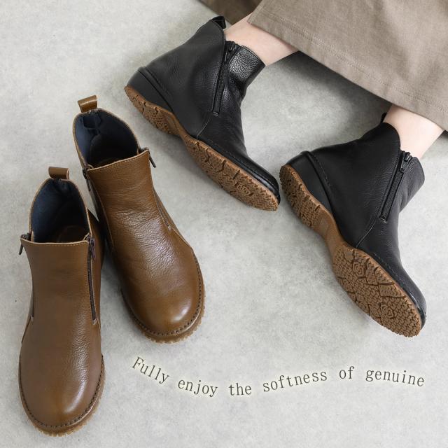 ブーツ レディース ショートブーツ 本革 幅広 歩きやすい ファスナー