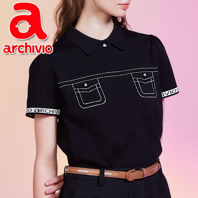 アルチビオ 秋冬 ゴルフ ステッチ風プリントニットポロシャツ レディース A518905