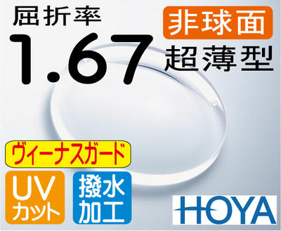 HOYA 非球面1.67超薄型レンズＵＶカット、撥水 傷に最も強いヴィーナスガード（2枚価格) レンズ交換のみでもOK