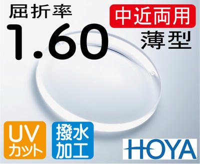 HOYA 薄型中近両用レンズ　テレビが見える老眼鏡　屈折率1.60　撥水加工＋UVカット（2枚価格）　レンズ交換のみでもOK