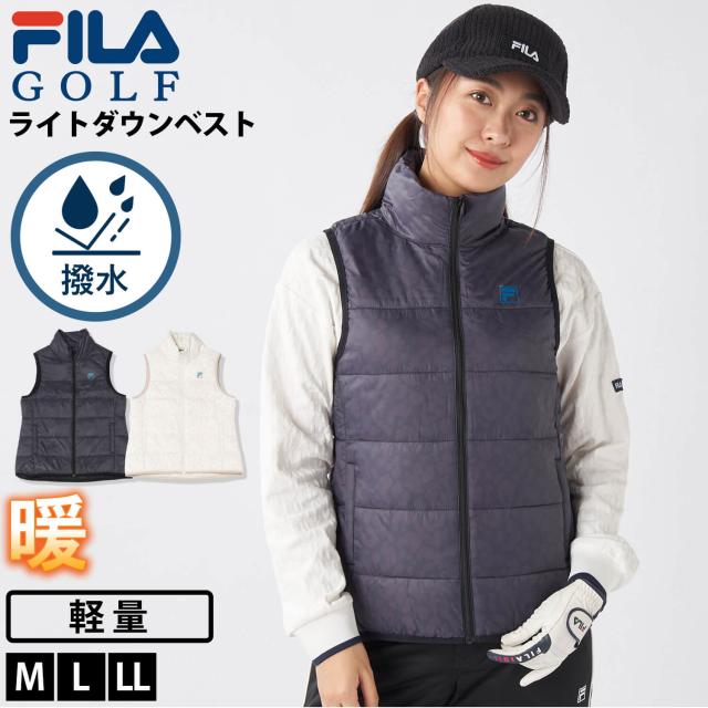 FILA GOLF フィラゴルフ レディース ゴルフウェア ベスト 中綿入り ダウン 撥水 軽量 保温 フルジップ ハイネック レオパード柄 トレンド ブランド ゴルフ用 秋冬 冬用 アウター スポーツ ライトダウンベスト 黒 M L LL 2025fw karlas
