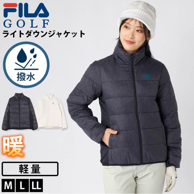 FILA GOLF フィラゴルフ レディース ゴルフウェア ジャケット 中綿入り ダウン 撥水 軽量 保温 ストレッチ 総柄 レオパード柄 アニマル柄 トレンド 長袖 ハイネック フルジップ アウター スポーツ ブランド ゴルフ用 秋冬 冬用 黒 M L LL 2025fw karlas