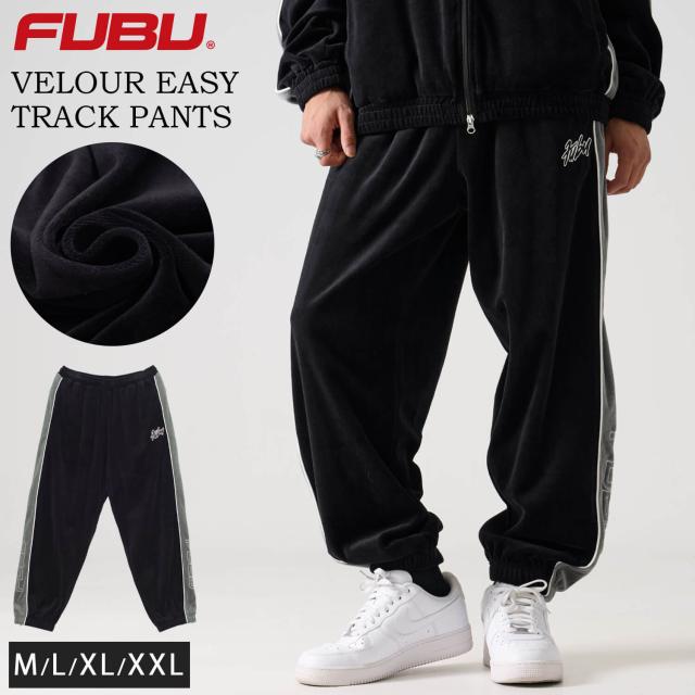 FUBU フブ ロングパンツ メンズ ベロアパンツ イージーパンツ トラックパンツ ルーズシルエット ウエストゴム ブランド 秋 冬 ロゴ 刺繍 大きいサイズ XL XXL オーバーサイズ アメカジ レディース ストリート系 黒 2025fw karlas