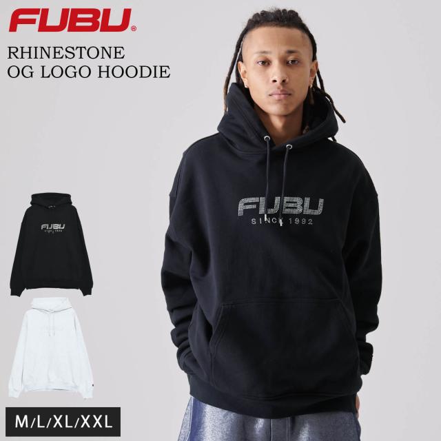 FUBU フブ パーカー メンズ 長袖 スウェット フーディ 春 秋 冬 プルオーバー 大きいサイズ 裏毛 ブランド ロゴ 綿100 ラインストーン オーバーサイズ アメカジ レディース ストリート系 ヒップホップ hiphop B系 ブランド カジュアル 黒 2025sp outfit