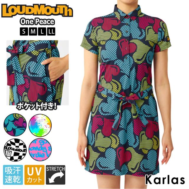 【30%OFFセール】 ラウドマウス ゴルフウェア トップス レディース 春夏 ワンピース ミニ丈 スポーツブランド 吸汗速乾 ドライ UVカット 紫外線対策 ストレッチ 伸縮性 鹿の子素材 総柄 ロゴ プリント おしゃれ 派 Loudmouth 2024ss outfit