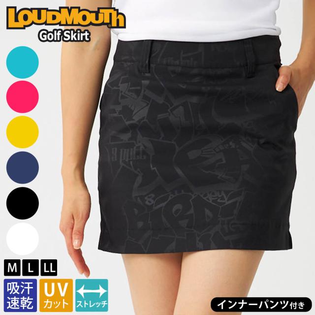 ラウドマウス ゴルフウェア スカート レディース ミニ丈 スポーツブランド 吸汗速乾 ドライ UVカット 紫外線対策 ストレッチ 総柄 ワンポイント ロゴ Dカン付き インナーパンツ付き ボトムス 黒 白 紺 M L LL Loudmouth 2025ss karlas