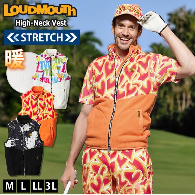 ラウドマウス ゴルフ ベスト メンズ 中綿入り タフタ フリース ベスト ハイネック フルジップ ストレッチ 派手 総柄 暖かい 防寒 ゴルフウェア 秋冬 防風 保温 スポーツウェア アウトドア Loudmouth 2025FW