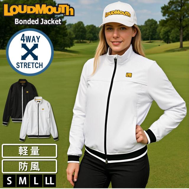 ラウドマウス ゴルフウェア ブルゾン 長袖 レディース 秋冬 スポーツブランド ４wayストレッチ 軽量 防風 薄手 キルト ボンディング 無地  ワンポイント ロゴ ジャケット  アウター スポーツウェア 白 黒 S M L LL Loudmouth 2025fw karlas