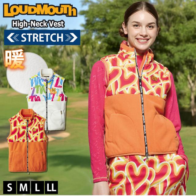 ラウドマウス ゴルフ ベスト レディース 中綿入り タフタ フリース ベスト ハイネック フルジップ ストレッチ 派手 総柄 暖かい 防寒 ゴルフウェア 秋冬 防風 保温 スポーツウェア アウトドア Loudmouth 2025FW