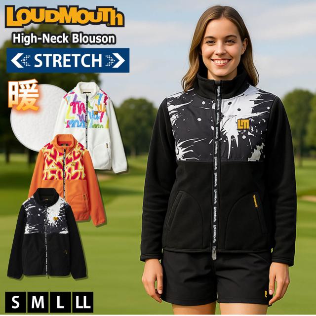 ラウドマウス レディース ゴルフ ブルゾン 中綿入り ハイネック フルジップ タフタ フリース ストレッチ 暖かい 防寒 アウター 派手 総柄 防風 保温 スポーツウェア ゴルフウェア 秋冬 Loudmouth 2025FW