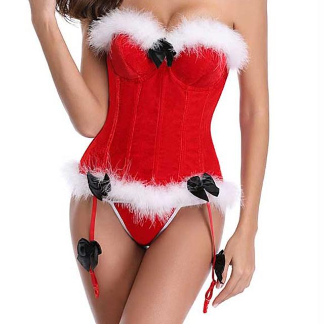 サンタクロース ガーターベルト付き コルセット S M L 黒いリボン 白いファー ベルベット 赤色 レッド クリスマス  ボディースーツ コスプレ 衣装 補正下着 コスチューム SM ボンデージ 大人 仮装 拘束具 レースアップ ドレス ブラ ベスト ビスチェ ウエスト レディース 女性 サンタクロース ガーターベルト付き コルセット S M L 黒いリボン 白い