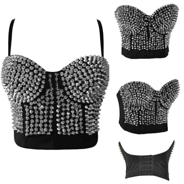 シルバースパイクスタッズリベットブラジャーコルセット ボンデージ風 ブラック 黒色 ハード ロック 女性用 女の人 女の子 レディース 女性 彼女 SM風 ハロウィン ボンテージ 胸 バスト ランジェリー おしゃれ トゲトゲ コスチューム パンク ブラトップ ダンス