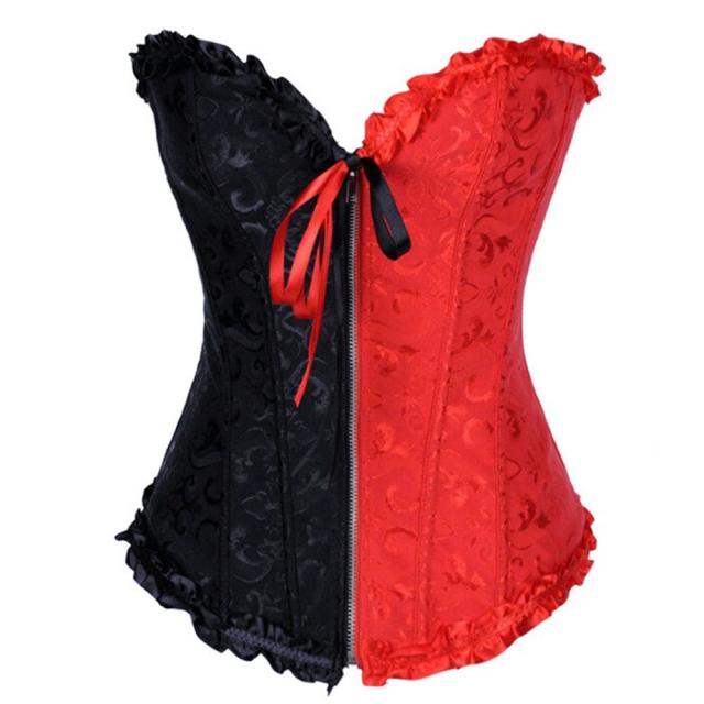 ブラック＆レッドレースリボン コルセット S M L XL 赤色 黒色 ジッパー ファスナー ジップアップ コットン フック ボディースーツ コスプレ 衣装 補正下着 コスチューム SM ボンデージ 大人 ハロウィン 仮装 ドレス 拘束具 レースアップ オーバーバスト ベスト ビスチェ